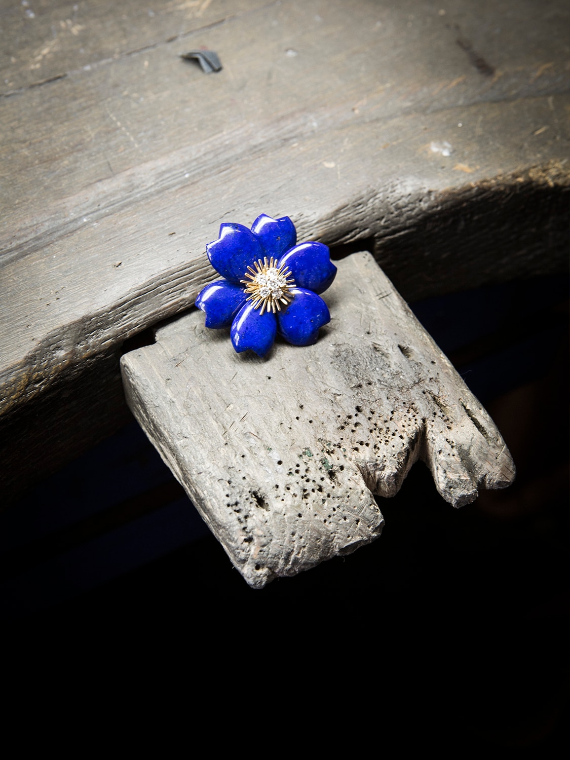 Rose de Noël clip, medium model 18K yellow gold, Diamond, Turquoise ...